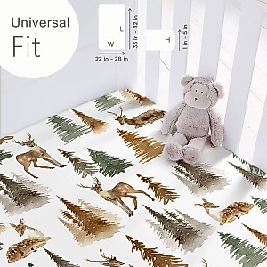 Stretchy Ultra Soft Jersey Knit Fitted Pack n Play Sheets Set 2 Pack, Portable/Mini Crib Sheets with Deep Pocket, Fitted Playard Mattress Safe and Snug, Stylish Watercolor Deer and Leaves