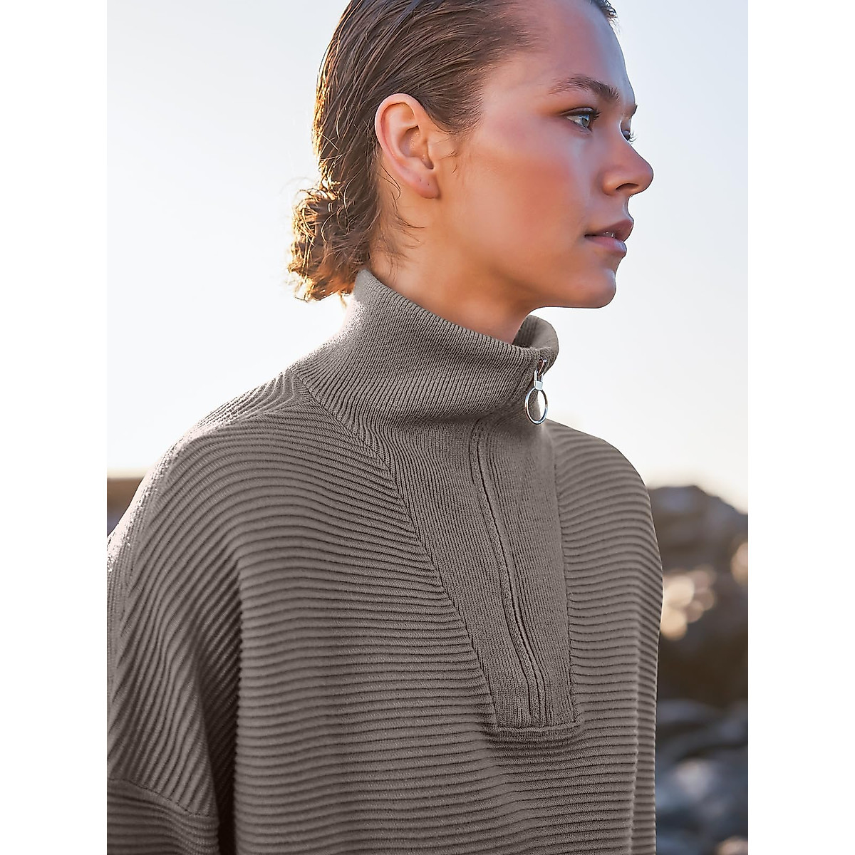 ANRABESS Women Quarter Zip Oversized Casual Loose Rib Knit Cozy Pullover Sweaters Top 2025 Fall Fashion Outfits Clothes Gray Coffee Medium