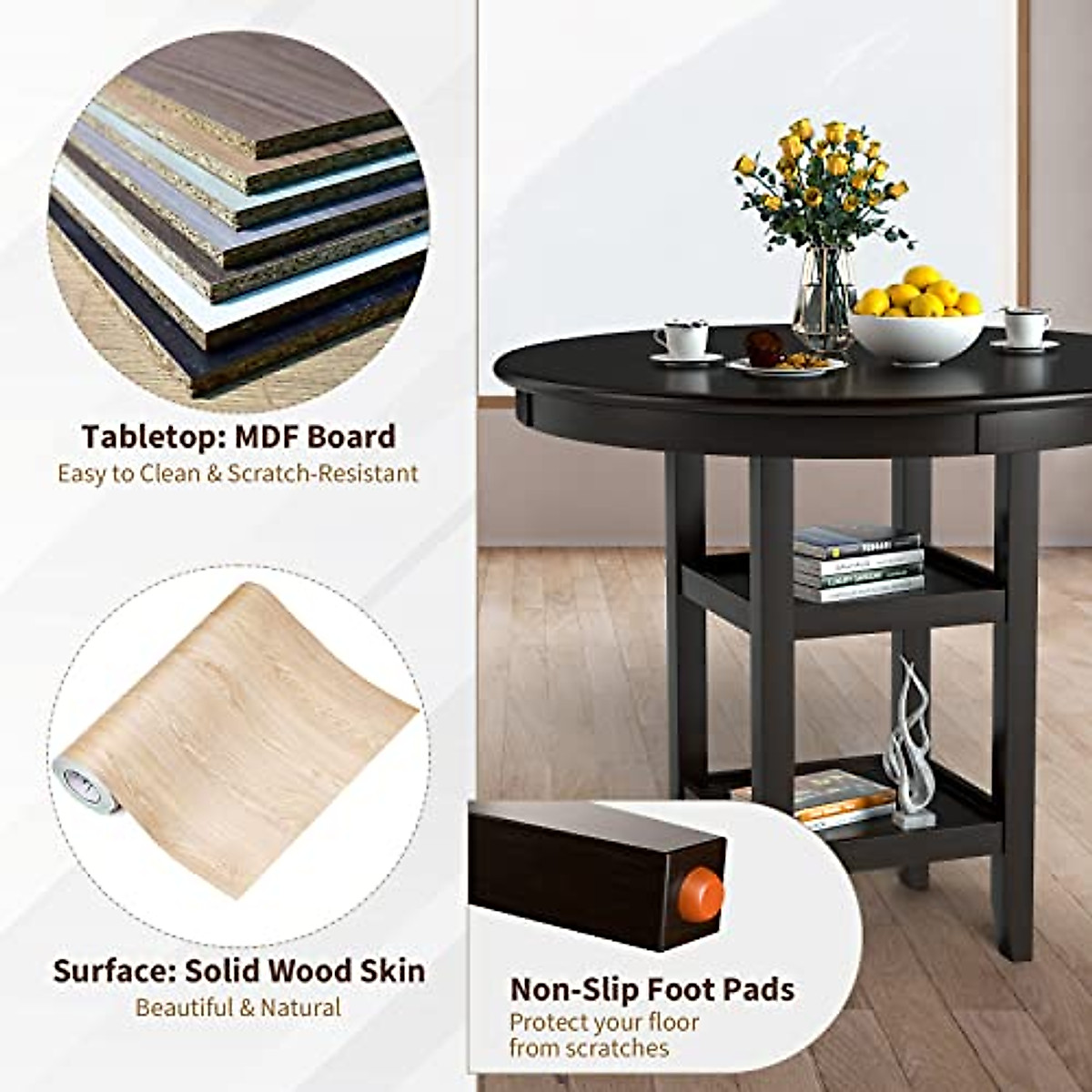 Giantex Round Counter Height Table, 42 Inch Wood Farmhouse Kitchen Table with 2-Storage Shelf, 2-Tier Modern Vintage Dining Room Table with Anti-Slip Foot Pads, Kitchen & Dining Room Furniture Table