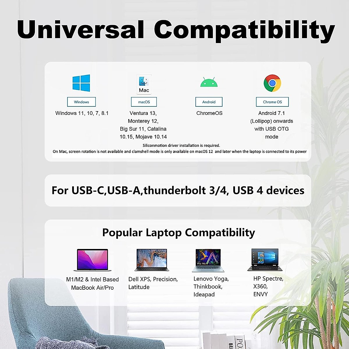 WAVLINK USB C or USB 3.0 to Dual HDMI Adapter, 1080P@60Hz Dual Monitors for Windows 7/8/8.1/10/11, Mac OS 10.10+, ChromeOS, Android,Thunderbolt 3/4, Not Compatible with Linux, iPad OS