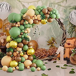 RUBFAC 160pcs Sage Green Brown Balloon Garland Kit Jungle Safari Woodland Balloon Arch with Sage Green Dark Brown Beige Gold Matte Balloons for Jungle Party Baby Shower Safari Birthday Decorations