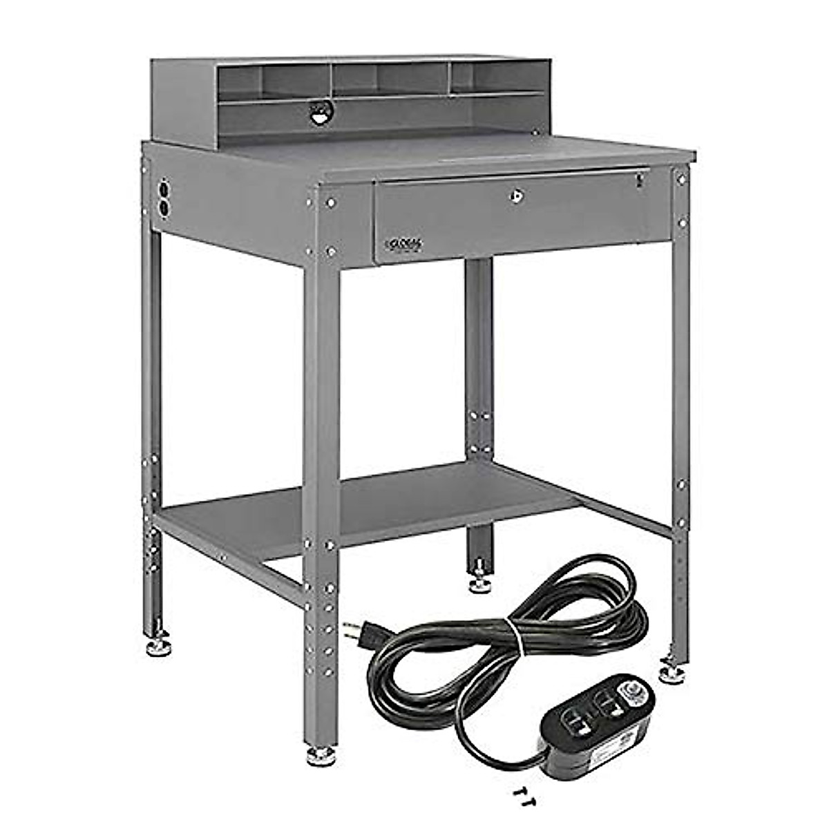 Global Industrial Flat Top Shop Desk w Pigeonhole Compartments & Electrical Outlets, 34-1/2"W x 30"D, Gray