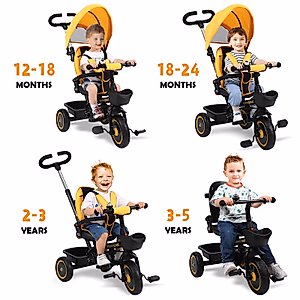 Lamgool Toddler Tricycles 4 in 1 Stroll Trike with Push Handle Removable Canopy Detachable Guardrail Retractable Foot Plate Safety Harness Storage Stroller Kids Tricycle for 12Months to 5 Years Yellow