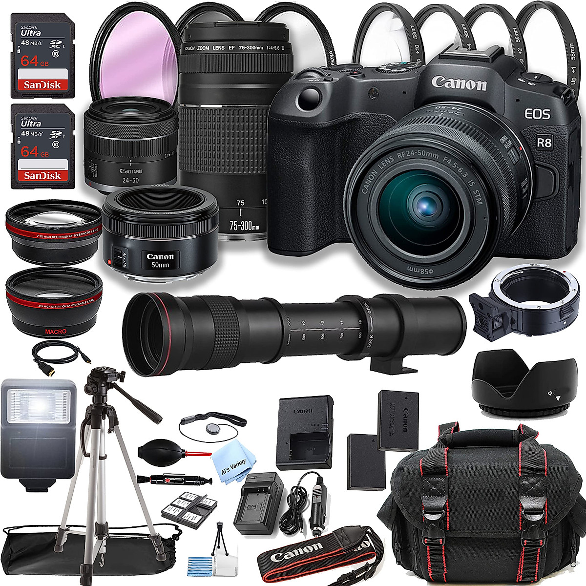 Canon EOS R8 Mirrorless Digital Camera with RF 24-50mm f/4.5-6.3 is STM Lens + 75-300mm Lens + 50mm STM Lens + 420-800mm Super Telephoto Lens + 128GB Memory + Case + Tripod + Filters (45pc Bundle)
