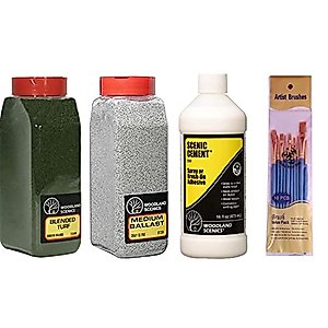Make Your Day Woodland Scenics Green Blended Turf, Medium Ballast Gray Blend, Scenic Cement Paintbrushes (Pack of 4)