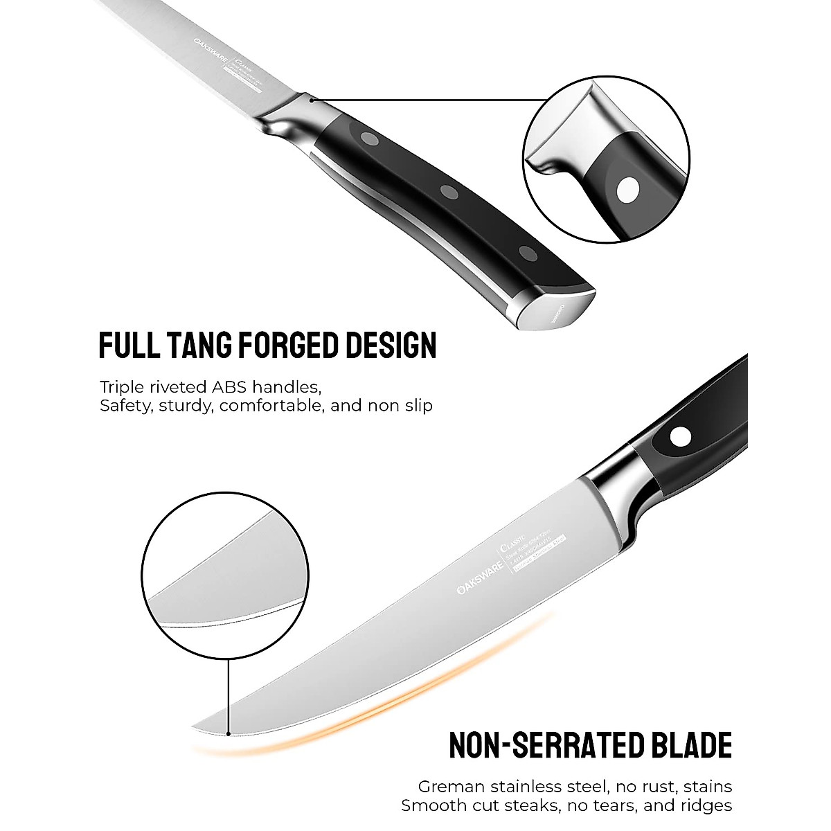 OAKSWARE Steak Knives Set of 8 with Walnut Block, 5 inch Non Serrated Steak Knife Set, 8 Pieces Straight Edge Kitchen Steak Knives - Forged German Steel - Full Tang Handle