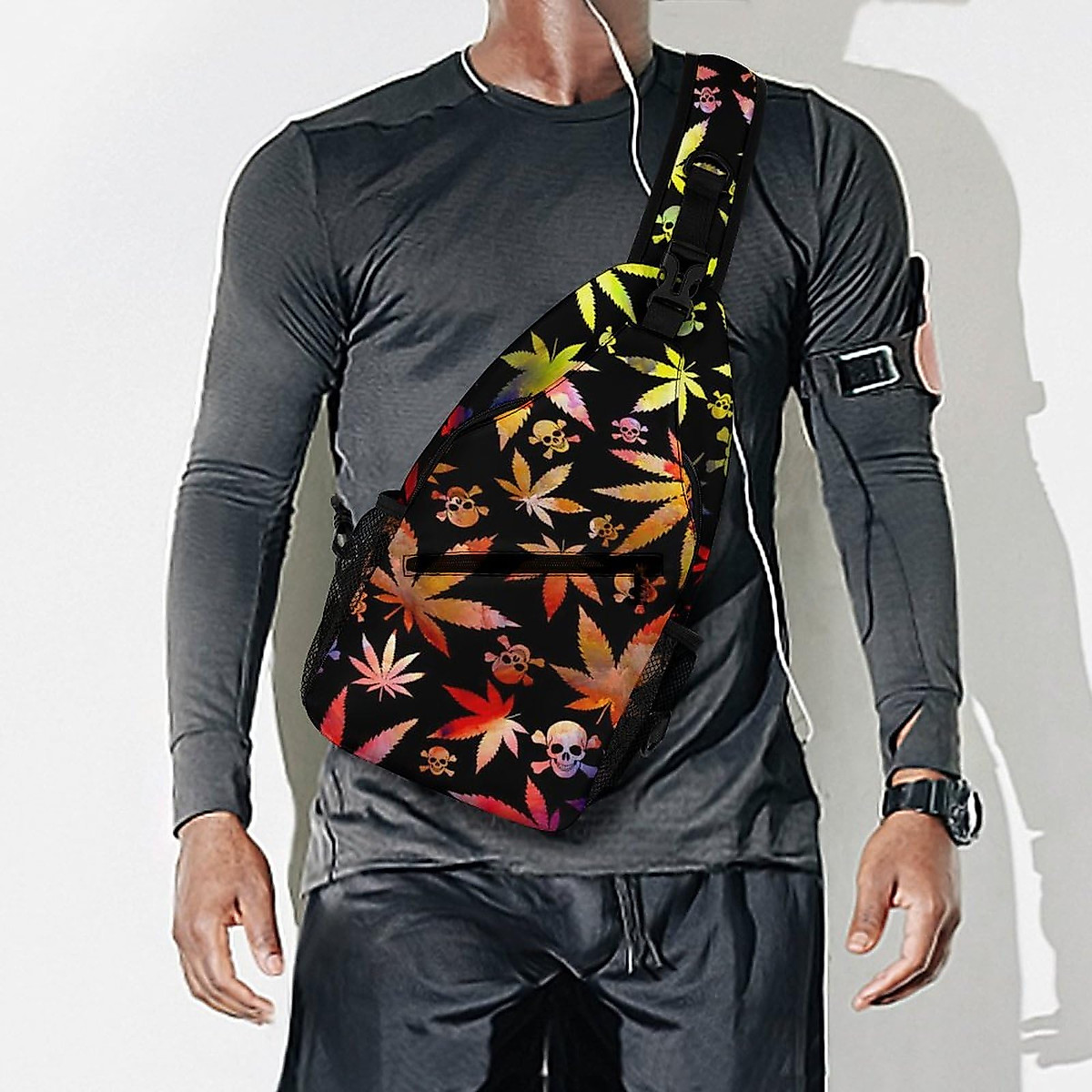 Lightweight Chest Shoulder Backpack For Travel Hiking Sling Bag Cross Body Personal Pocket Bag Compatible with Trippy Colorful Cannabis Marijuana Weed Leaf Skull Crossbones Black