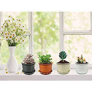 AQSXO 4 inch Planter Nursery Pots, Plastic Planters Pots for Plants Flower Transplanting with Drainage Holes and Saucers, 4 Colors 8 Pieces.