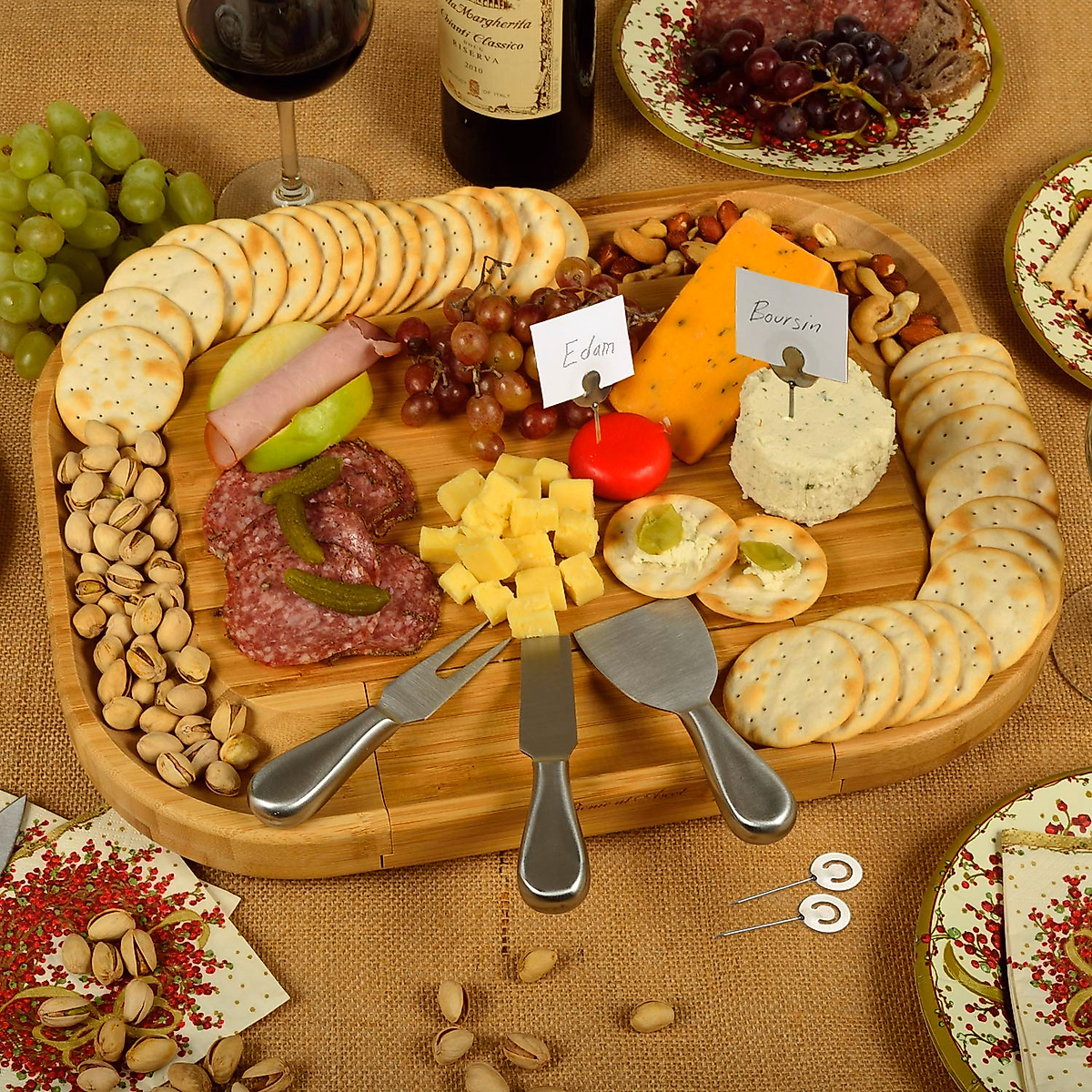 Picnic at Ascot Personalized Monogrammed Engraved Bamboo Cutting Board for Cheese & Charcuterie - includes Knife Set & Cheese Markers- Designed & Quality Checked in USA