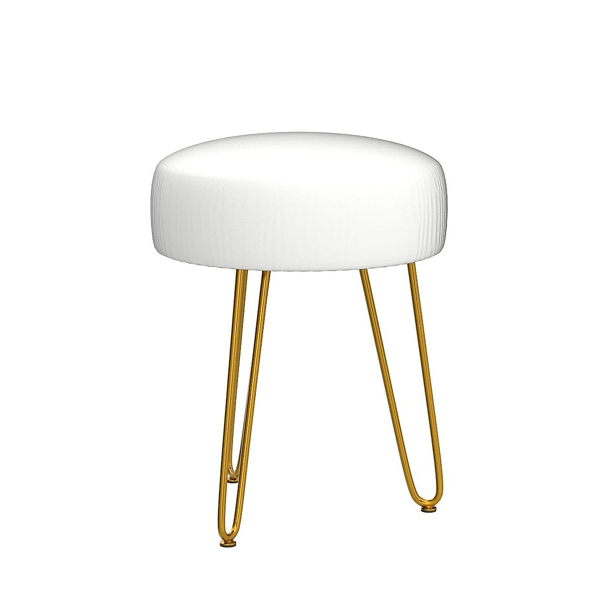 TOUCH-RICH Stripe Velvet Vanity Chair Round Ottoman,Upholstered Vanity Makeup Footstool Side Table Dressing Chair with Golden Metal Legs (White, Round-Normal)