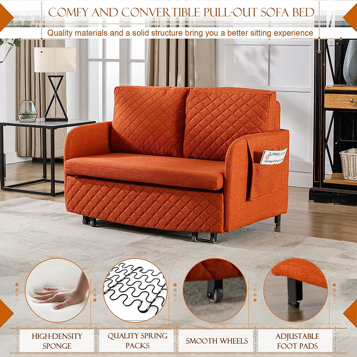 Pull Out Futon Sofa Bed, Convertible Small Loveseat Sleeper with Storage Drawer, 3 in 1 Futon Couch with Removable Pocket and 2 Pillows, Modern Love Seat for Living Room, Guest Room, Deep Orange