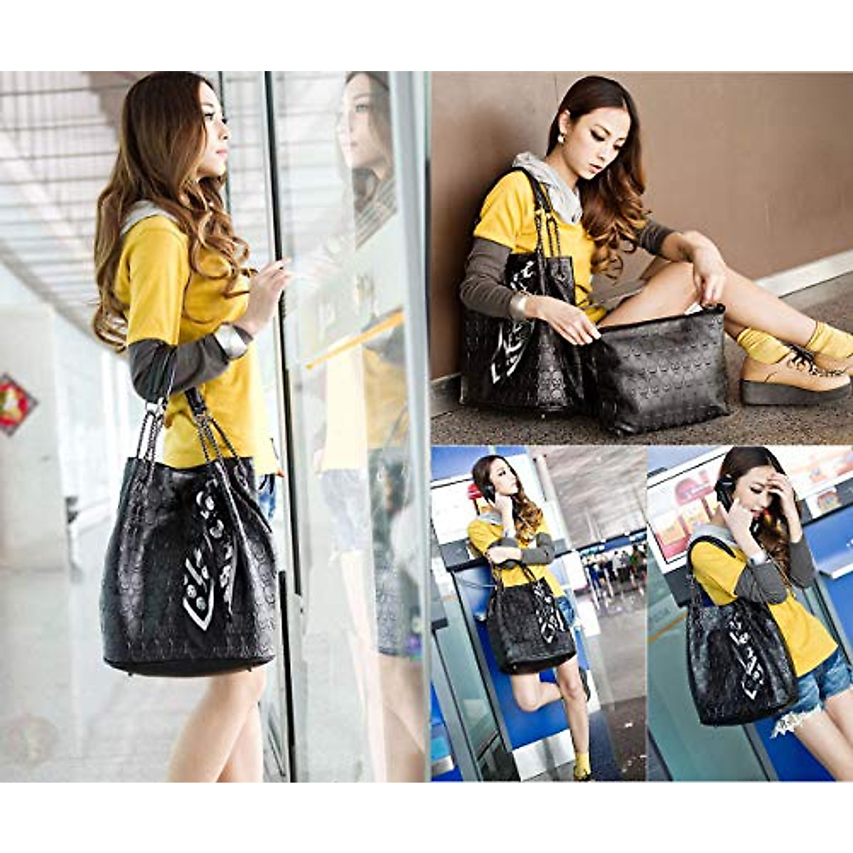 BelonYou Women's 2Pcs kull Purses and Handbag Punk Gothic Hobo Tote Shoulder Bag PU Leathe Black Crossbody Bag Satchels