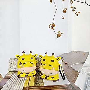 TOUBN Wireless Charging Earphone Case, Cute Cartoon Giraffe Design Soft Silicone Full Body Protective Cover for Airpods 1 & 2, Airpods Protector with Hook (Giraffe)