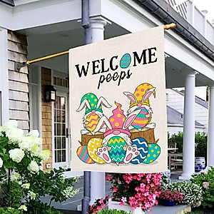 Ksoemar Easter Flag 28 x 40 Double Sided, Welcome Peeps Bunny Gnomes Easter House Flags, Large Burlap Yard Flag,Spring Gnomes Eggs Rabbit Welcome Easter House Decoration