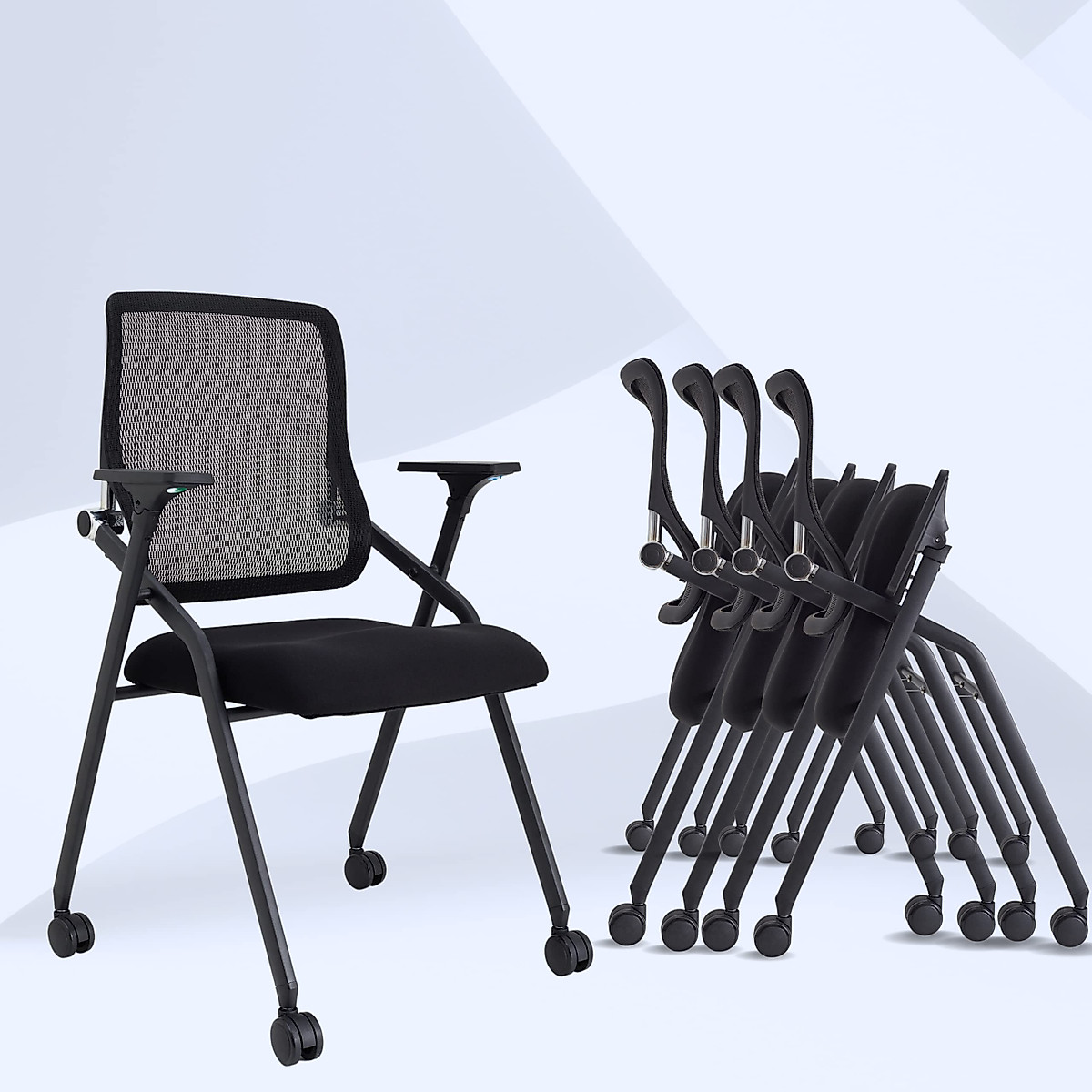 BROBRIYO 4 Pack Stackable & Foldable Conference Room Chairs with Lumbar Support, Armrest - Ergonomic Mesh Bouncing Back for Office Meeting, Conference, Reception and Training Room Chair