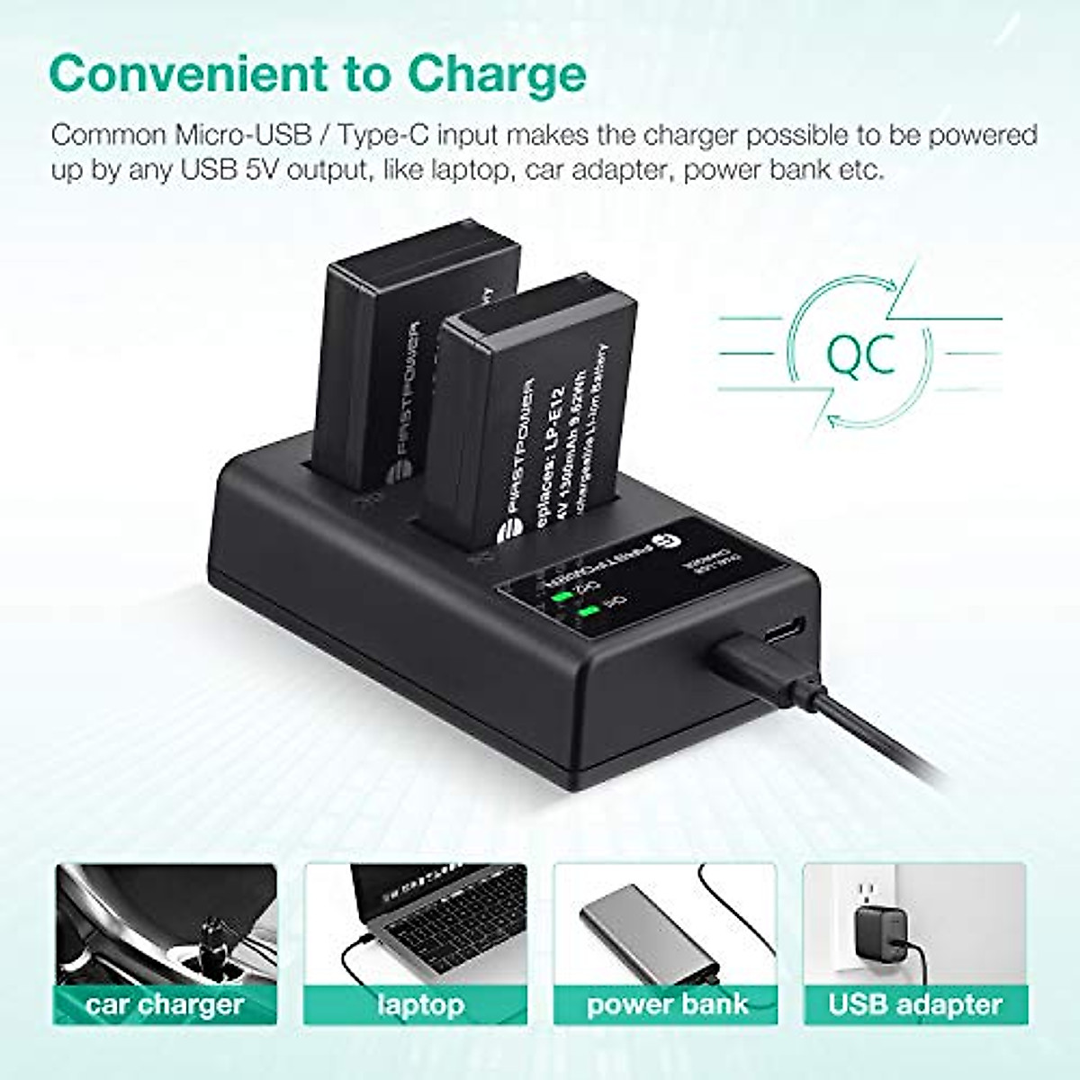 FirstPower 2-Pack LP-E12 Batteries and USB Dual Battery Charger Compatible with Canon EOS M, M2, M10, M50, M50 Mark II, M100, M200, Rebel SL1, PowerShot SX70 HS Digital Cameras