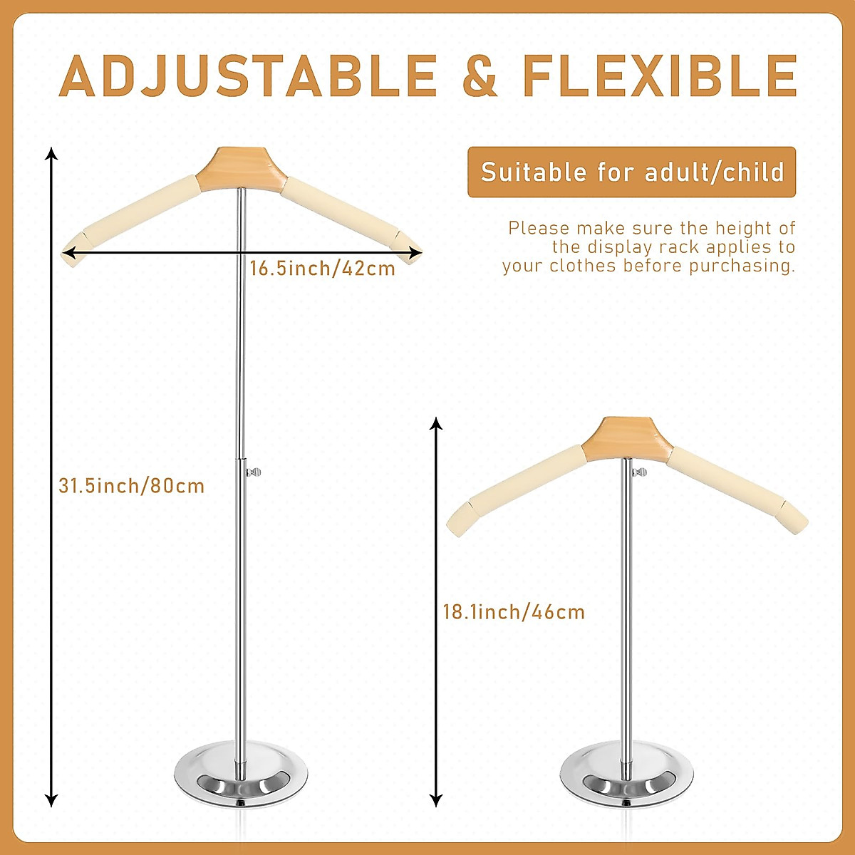 𝟐 𝐏𝐜𝐬 Adjustable T Shirt Display Adult/Child Flexible Shoulder Stand Shirt Rack for Vendors, Portable Hanging Metal Clothing Display, Garment Hanger Rack Coat Holder for Retail -31.5 Inch Height