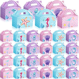 Dunzoom 24 Pcs Mermaid Party Favors Treat Boxes Shell Pearl Mermaid Goodie Bags Candy Gift Boxes for Party Favors Summer Ocean Gable Box with Handles for Girls Under the Sea Birthday Party Supplies