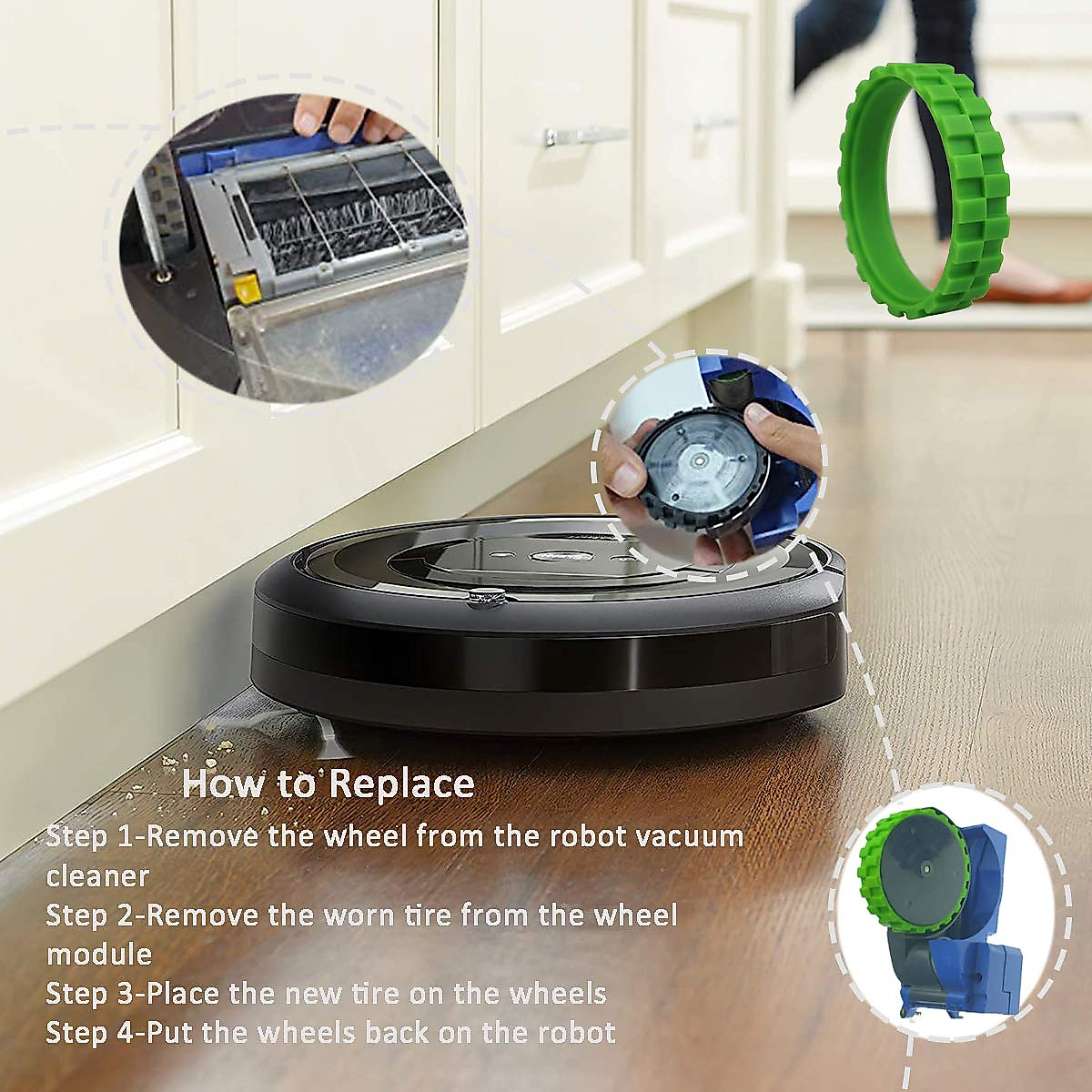 Ashineme Tires Compatible with Irobot Roomba Wheels Series, Anti-Slip, Great Adhesion and Easy Assembly,Replacement for All Roomba Models,Green,1pair