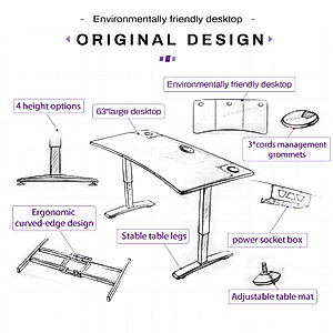 It's_Organized 63 Inch Large Height Adjustable Gaming Desk, Black Home Office PC Computer Manual Standing Curved Edge Table Gamer Workstation with Handle Rack Cup Holder Headphone Hooks Full Mouse Pad