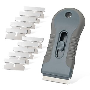 EHDIS Ceramic Scraper Car Sticker Remover Glass Stove Top Razor Scraper Label,Glue,Paint,Adhesive Remover Tool + 10pcs Stainless Steel Razor Blades (Grey)