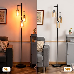 Tangkula 3 Lights Floor Lamp, Retro Floor Lamp with 3-Head Hanging Amber Glass Shade, Foot Switch, Metal Base, Industrial Floor Lamp for Living Room Bedroom Office (Black)