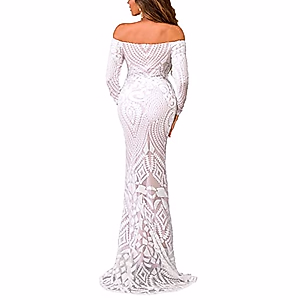 Yissang Women's Off Shoulder Floral Sequined Wedding Evening Mermaid Maxi Long Dress Bridal Gowns White Large