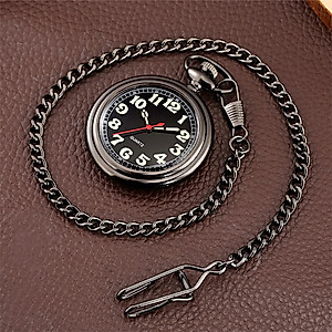 Whodoit Black Shiny Arabic Numeral Men's Quartz Pocket Watch, Pocket Watches Gift Quartz Movement for Men with Chain-Black