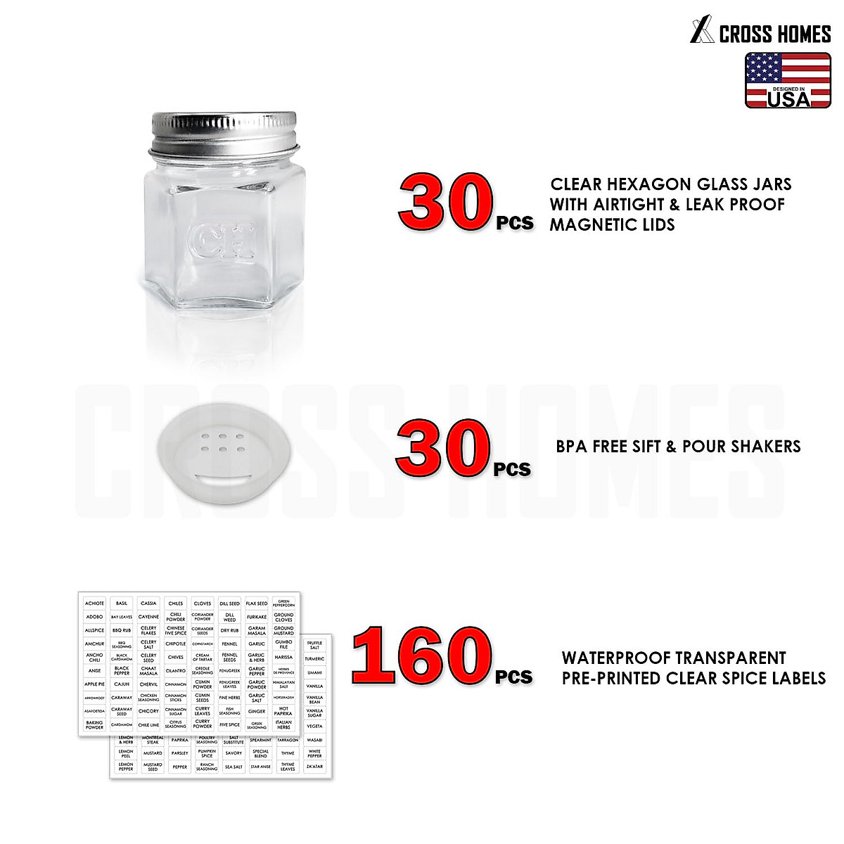 30 Set Magnetic Spice Jars for Refrigerator Hexagon Glass Spice Jars with Magnetic Lids, Shaker, Spice Labels, Magnetic Glass Spice Containers for RV Travel Trailer Kitchen Fridge Cabinet Wall mount