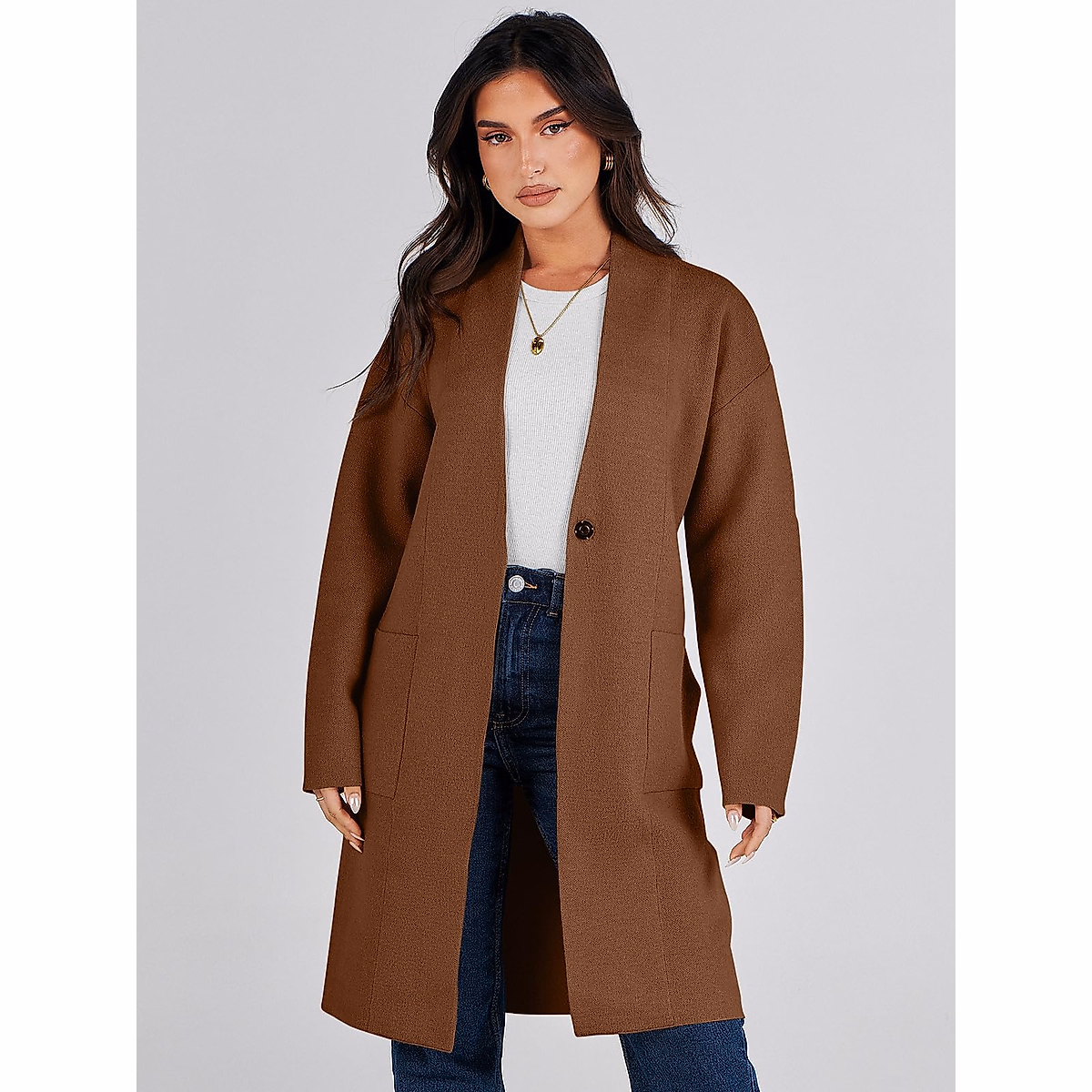 ANRABESS Women's 2023 Cardigan Coat Long Sleeve Open Front Knit Casual Coatigan Sweater Classy Trendy Clothes Spring Going Out Jacket Outwear B1123jiaotang-M, Caramel
