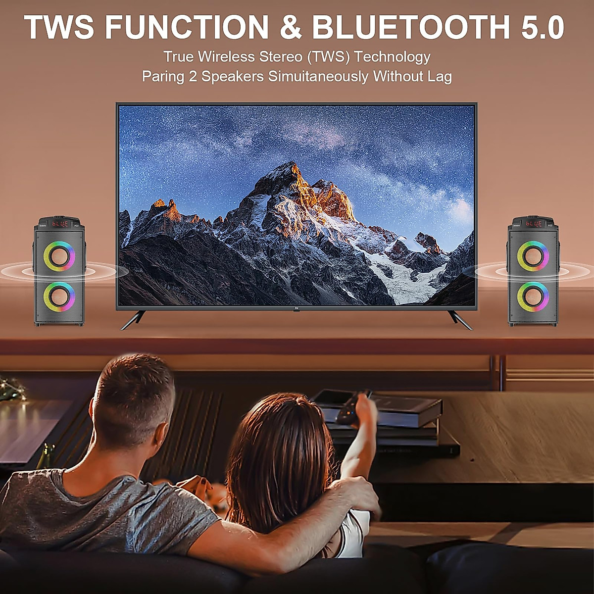 Bluetooth Speakers, 90W Peak Wireless TWS Paring Portable Large Speaker with Subwoofer, Powerful Loud Boombox with Lights, Stereo Sound, FM, EQ, Booming Bass Bluetooth 5.0 for Home Party Camping Gifts