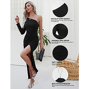 Sarin Mathews Womens One Shoulder Long Sleeve Cocktail Dresses Sexy Bodycon Ruched Wrap Split Party Formal Long Dress Black S