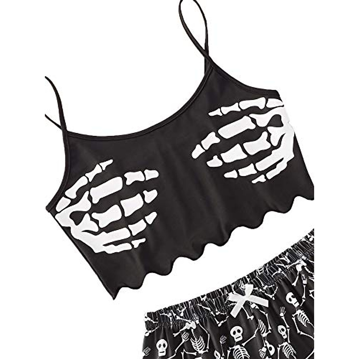 SOLY HUX Women's Cute Cartoon Print Lettuce Trim Cami Top and Shorts Cute Pajama Set Sleepwear Black Skull XL