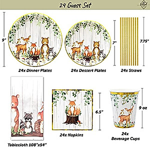 121Pc Woodland Creatures Theme Baby Shower Decorations, Birthday Party Supplies For Boy & Girl -Tablecloth, Paper Plates Napkins Straws & Cups of Forest Animal Friends Fox Deer Tableware Set Serves 24