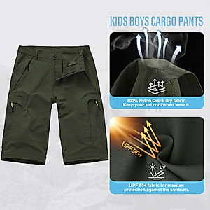 Asfixiado Boys Cargo Pants, Kids Youth Girls Athletic Outdoor Quick Dry Waterproof UPF 50+ Hiking Climbing Convertible Trousers #9017 Army Green-S