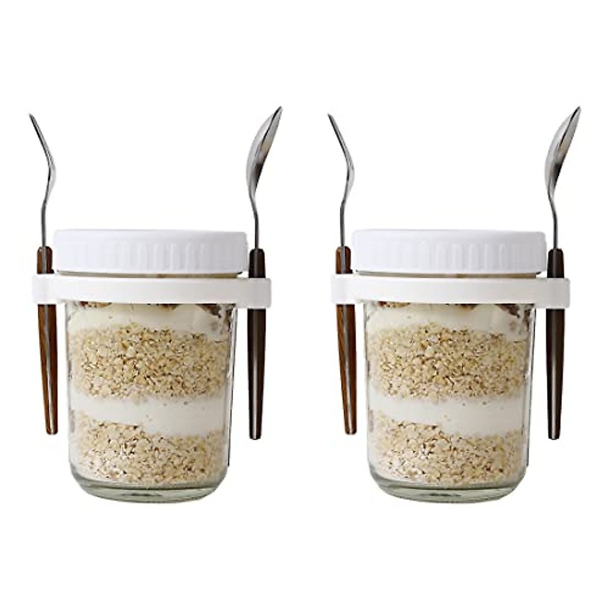 ZCXQM Overnight Oats Containers with Spoon and Fork, 2 Pack 10 oz Mason Jars with Lids for Overnight Oats, Breakfast On the Go Cups Reusable for Milk, Cereal, Fruit(White)