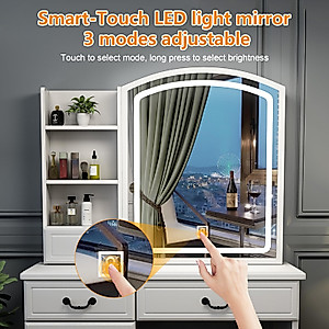 Lakifun Vanity Desk with Lighted Mirror, Makeup Vanity with Lights and Drawers,Makeup Table with Mirror, 3 Lighting Colors, Bedroom Dressing Table, White Vanity Set for Girls Women