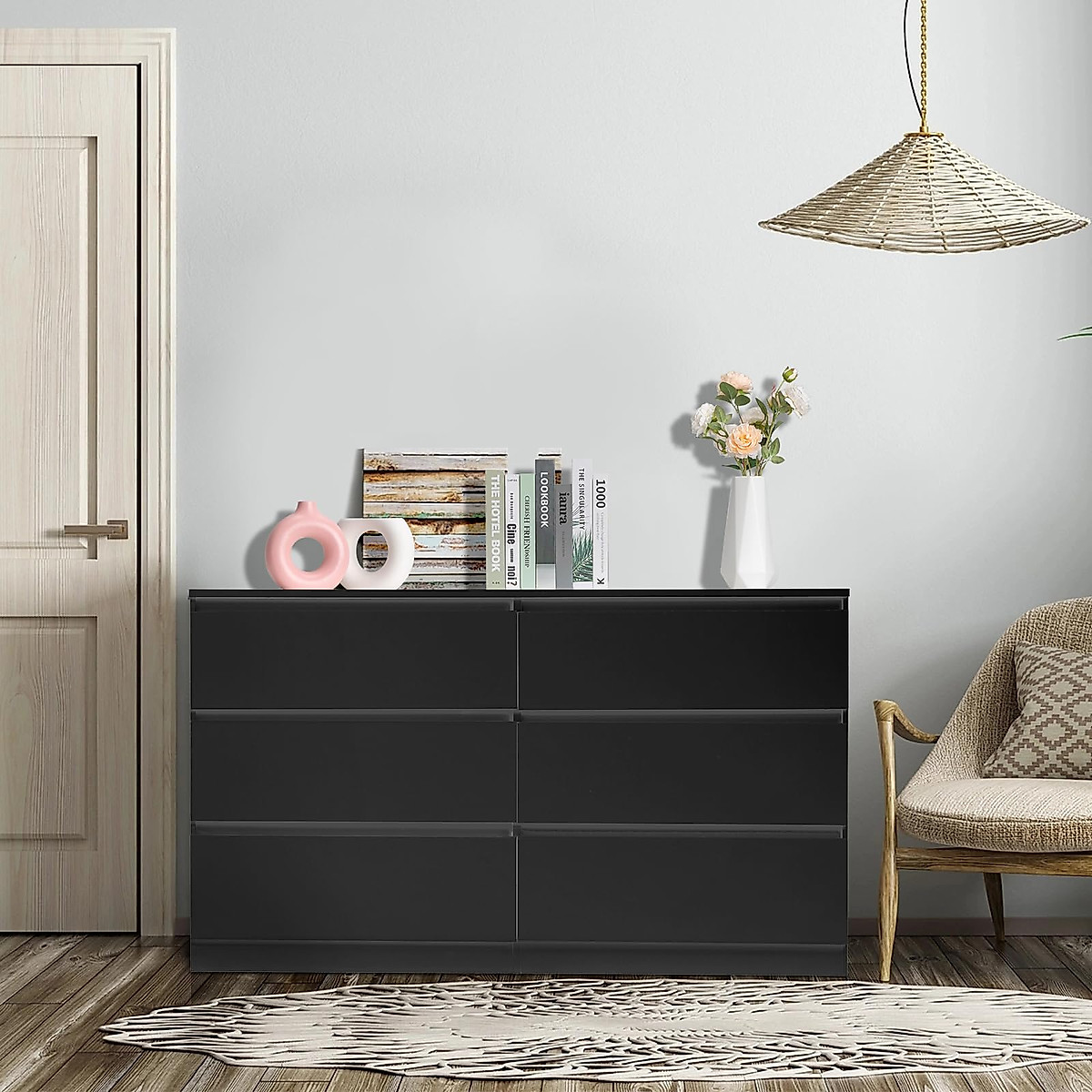 Karl home 6 Drawer Double Dresser for Bedroom, Wood Dresser with Deep Drawers, Long Dresser with Cut-Out Handles, 55" Wooden Dresser with Large Storage, Dresser Chest of Drawers, Black
