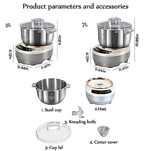 EEYZD Dough Maker with Ferment Function, Stainless Steel Professional Dough Mixer with Microcomputer Timing&Face-Up Touch Panel, Large Capacity,Grey,5L