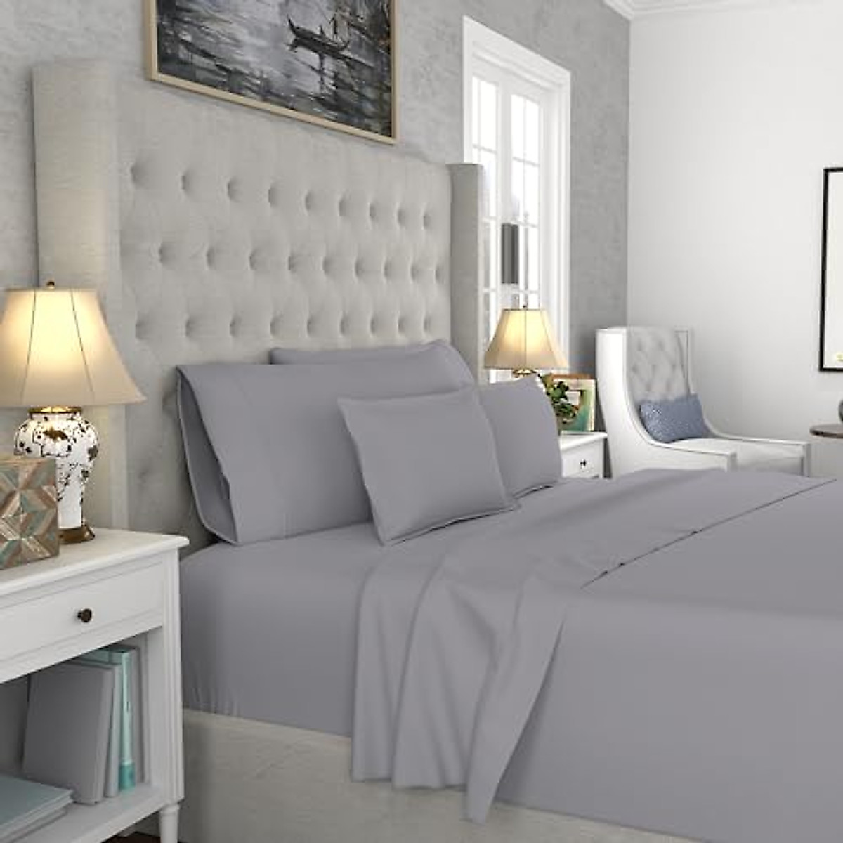 SUPREME ELEGANCE Hotel Luxury Cotton Blend Mist Gray Sheet Set Queen Size, 1200 Thread Count Ultra Soft Sateen Sheet Set, Moisture Wicking & Wrinkle Resistant, Easy Care Fall Bedding Set