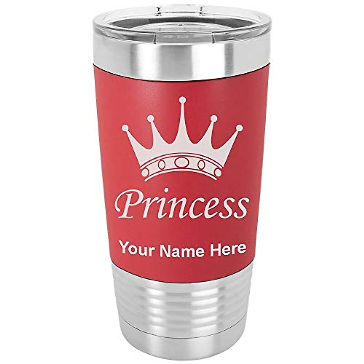 LaserGram 20oz Vacuum Insulated Tumbler Mug, Princess Crown, Personalized Engraving Included (Silicone Grip, Red)