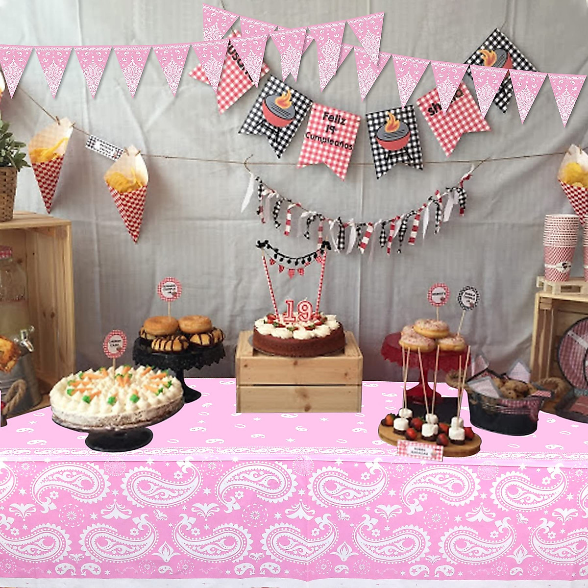 KEFAN Pink Western Cowgirl Horse Party Tablecloth Decorations, Bandana Table Cloth, Triangle Banner, Rectangle Floral Tablecloth for Western Cowgirl Cowboy Themed Party (4pcs)