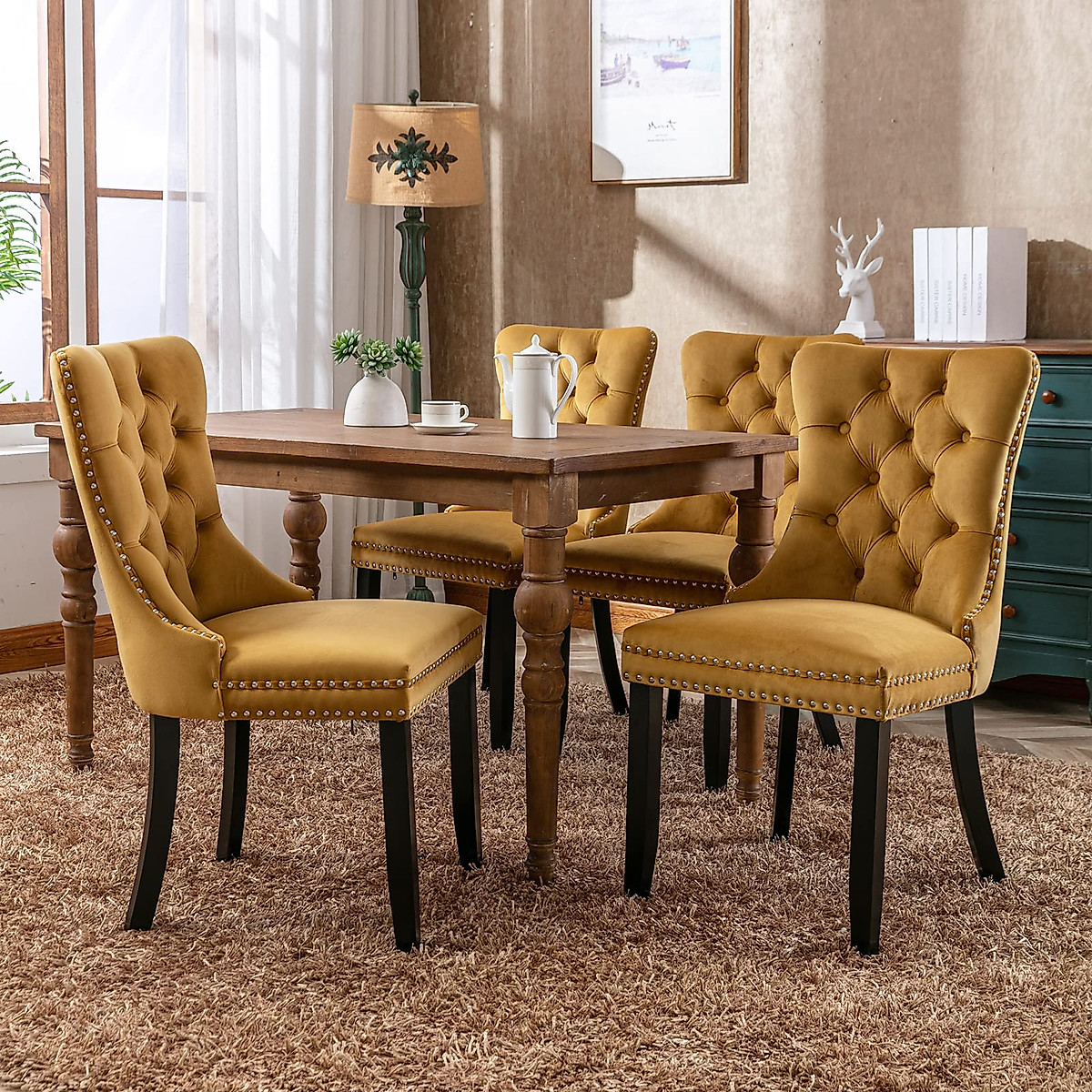 ODUSE-DAILY Gold Velvet Dining Chairs Set of 4, Kitchen & Dining Room Chairs Set of 4, Tufted Dining Chairs, Velvet Upholstered Dining Chairs, Solid Wood Frame (Golden Yellow, 4 Pcs)