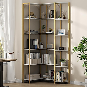 Loomie Gold Corner Shelf, 6-Tier 70.87" H Corner Bookcase, Tall Modern Corner Bookshelf Storage Display Rack, Open Book Case for Home Office & Living Room, Gold Finish Metal Frame & White Shelving