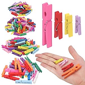 Swpeet 180Pcs 4 Colors 1.2" 1.4" 1.7" 2.8" Colorful Mini Natural Wooden Clothespins Birchwood Close Pins Assortment Kit, Strong Grip Multi-Purpose Colored Clothes Pins for Crafts, Clothes, Laundry