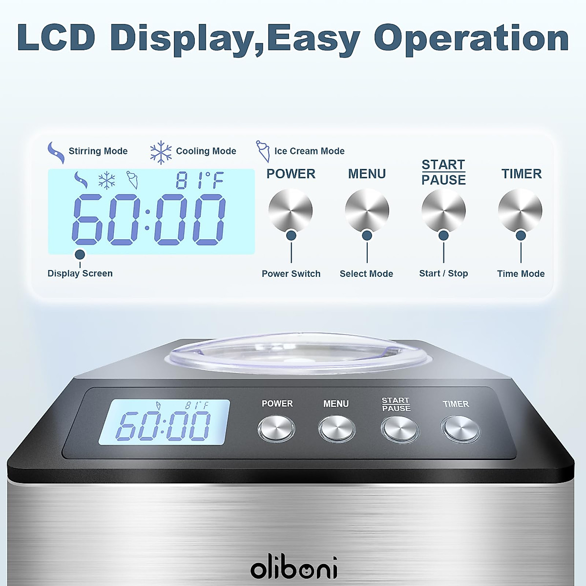 2.6 Qt Ice Cream Maker with Compressor, LCD Digital Display & Timer, No Pre-freezing, Countertop Gelato Makers, Automatic Ice Cream Machine for Homemade Use, Stainless Steel