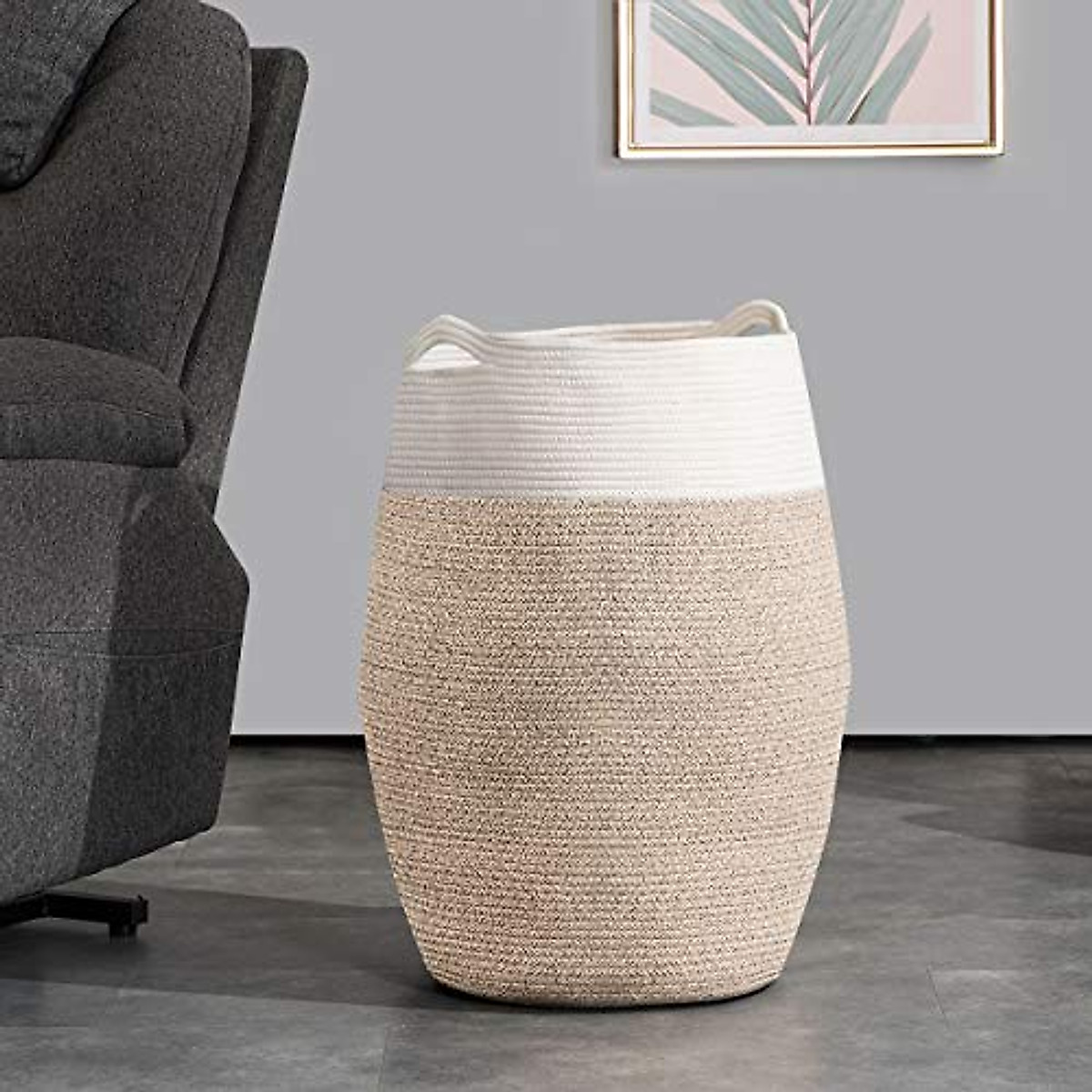 Cotton Rope Laundry Hamper by YOUDENOVA, 105L - Woven Collapsible Laundry Basket - Clothes Storage Basket for Blankets, Laundry Room Organizing, Bedroom Storage, Clothes Hamper – Brown & White