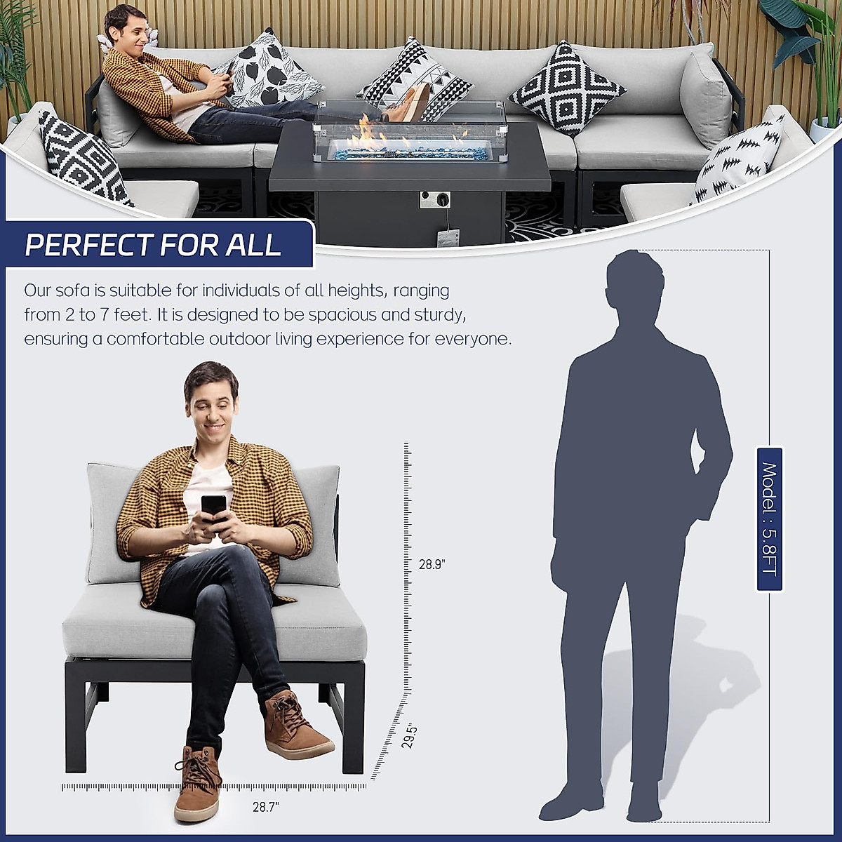 BULEXYARD Aluminum Patio Furniture Set with 43" Propane Gas Fire Pit Table, 9 Pieces Outdoor Furniture Sectional Sofa Large Conversation Sets (9 Pcs-A, Grey/Light Grey W/Firepit)