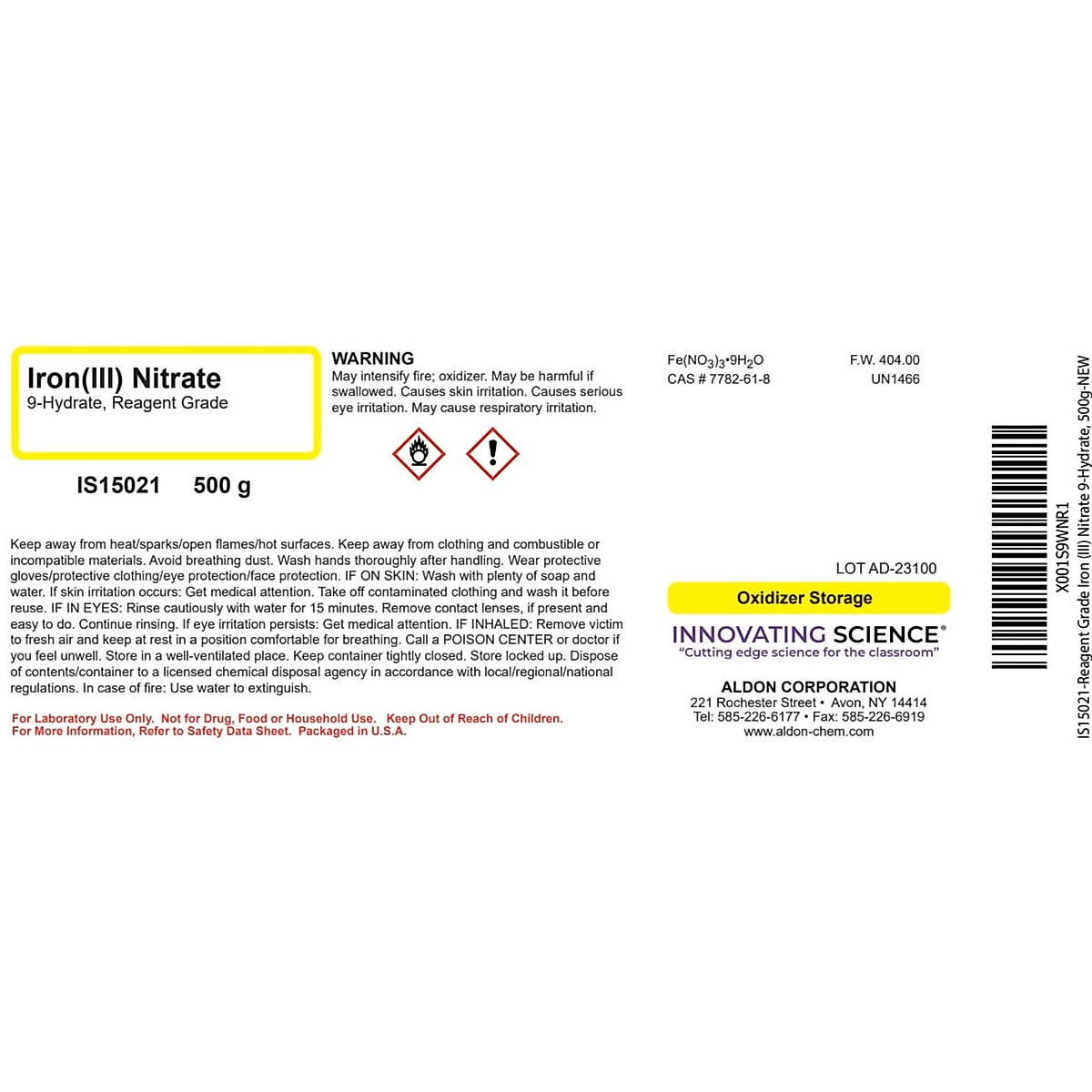 ALDON Innovating Science Reagent Grade Iron (III) Nitrate 9-Hydrate, 500g - The Curated Chemical Collection