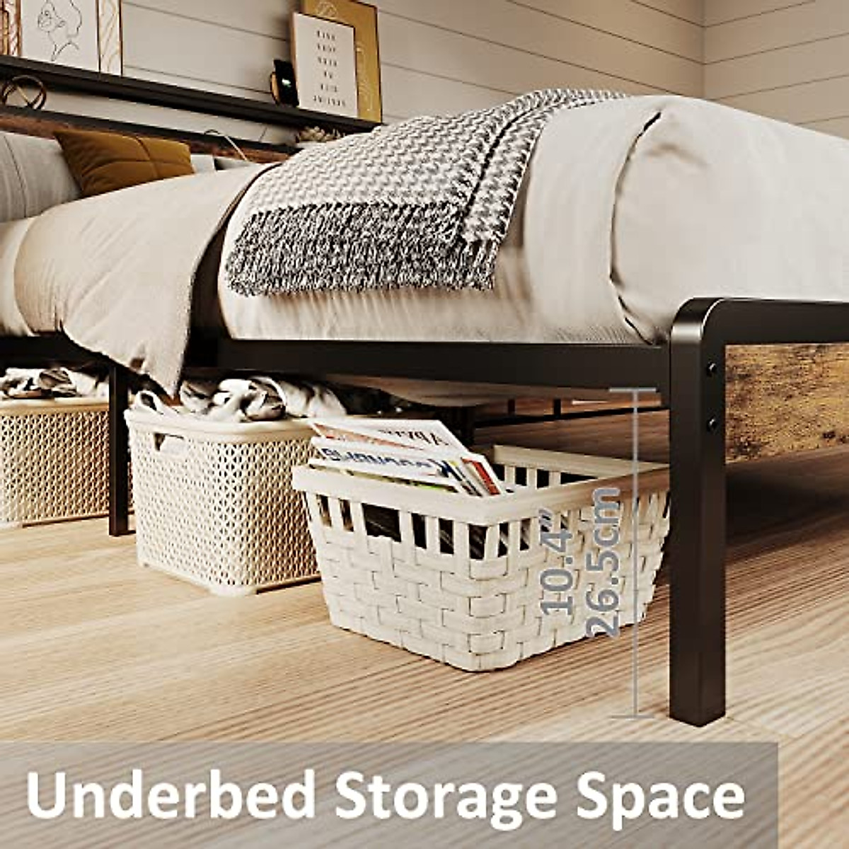 IRONCK Queen Bed Frame,Platform Bed with 2-Tier Storage Headboard and Power Outlets, USB Ports Charging Station, Sturdy and No Noise, No Box Spring Needed, Easy Assembly